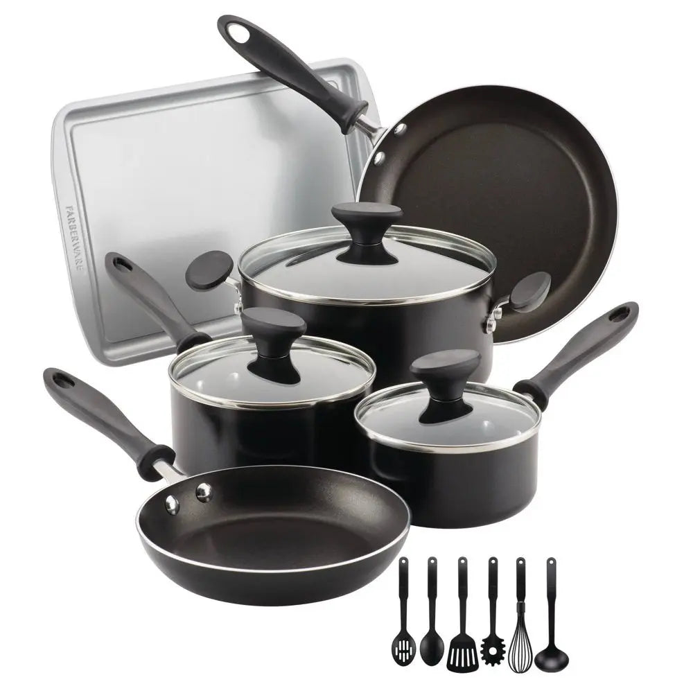 Farberware 15pc Nonstick Aluminum Cookware Set Tools Black – Secondipity