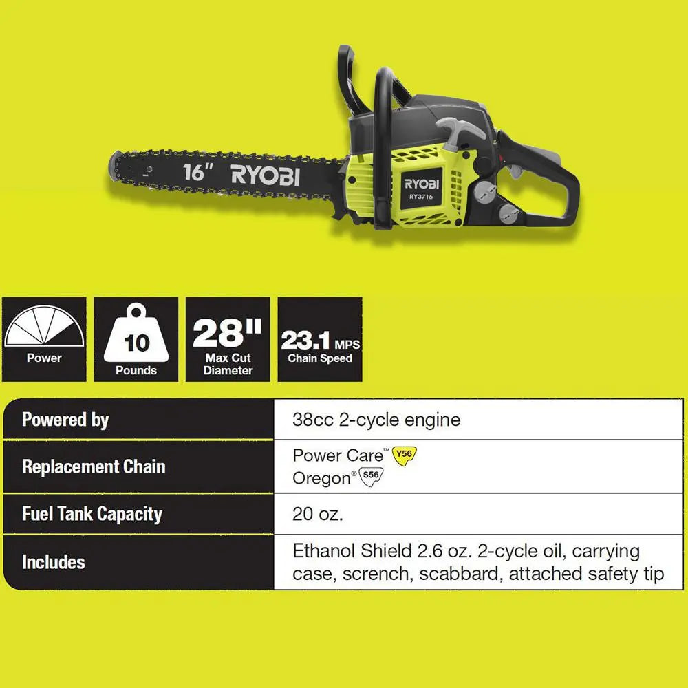 RYOBI RY3716 16 in. 37cc 2-Cycle Gas Chainsaw with Heavy-Duty Case ...